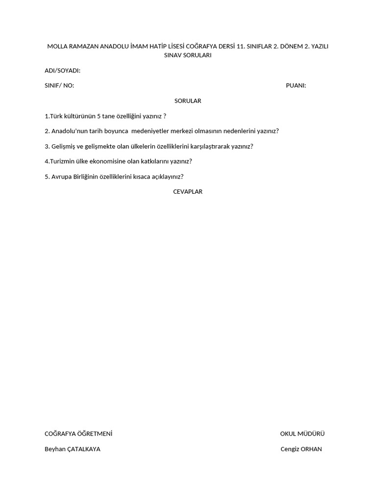 Sinif Sinav Sorulari | PDF