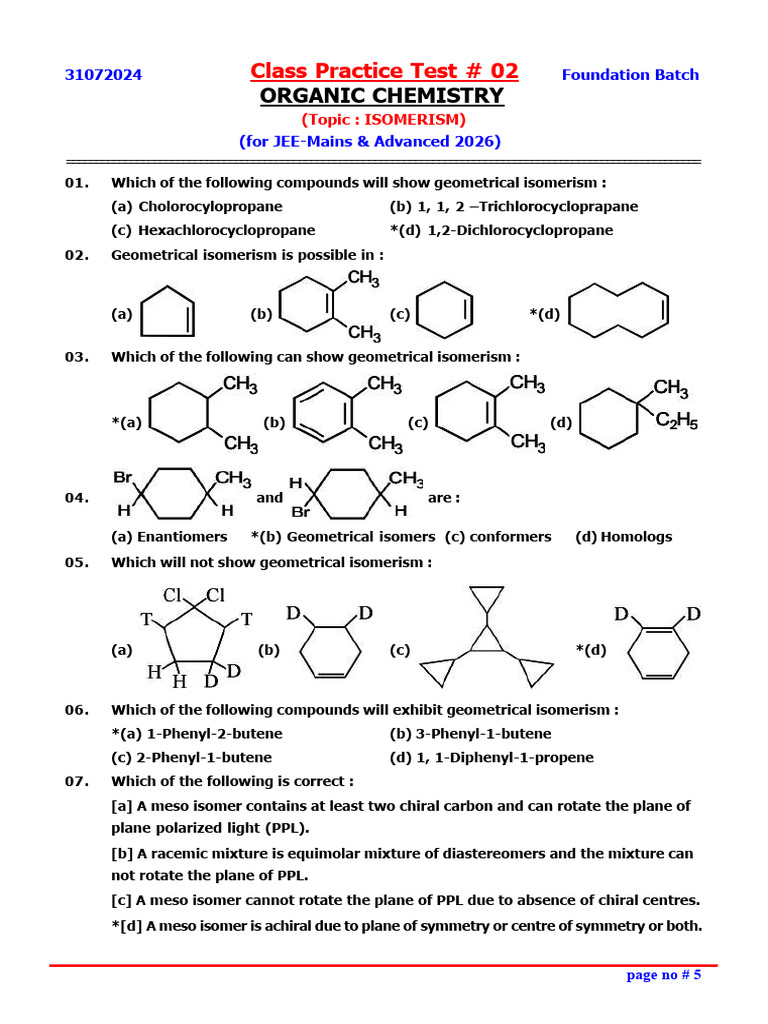 Answer Class Practice Test # 02 - 240802 - 122502 | PDF | Isomer ...