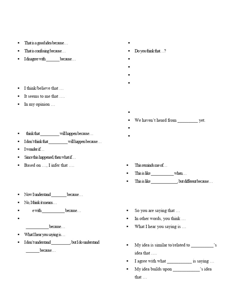 Embed Accountable Talk Sentence Starters Handout | PDF