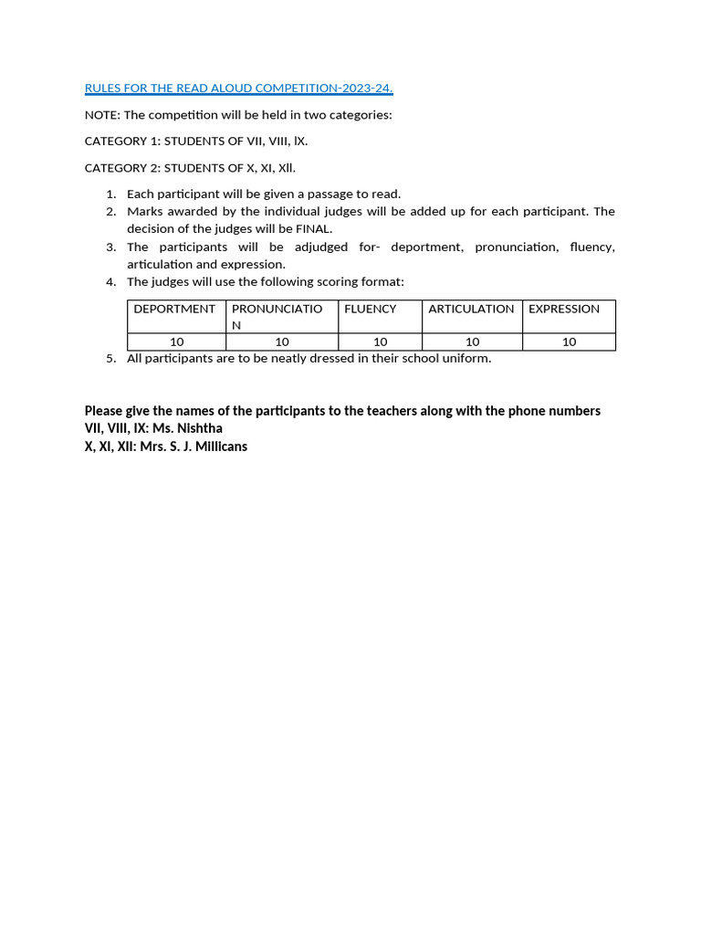 Rules For The Read Aloud Competition 2023-24 | PDF