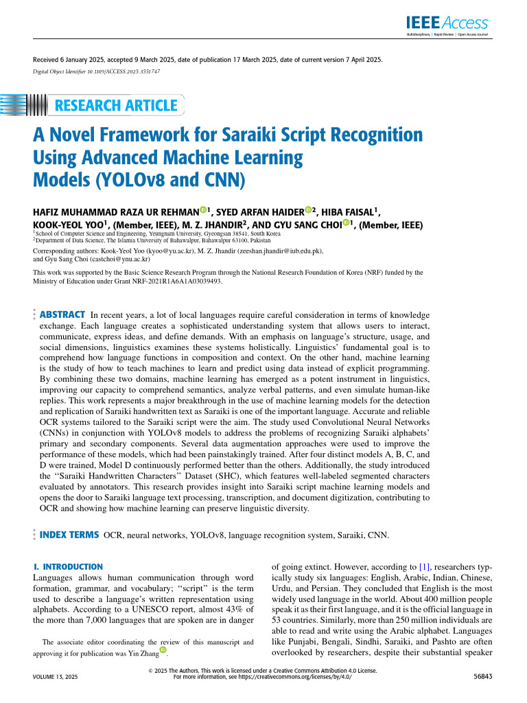 A Novel Framework For Saraiki Script Recognition Using Advanced Machine Learning Models YOLOv8 ...