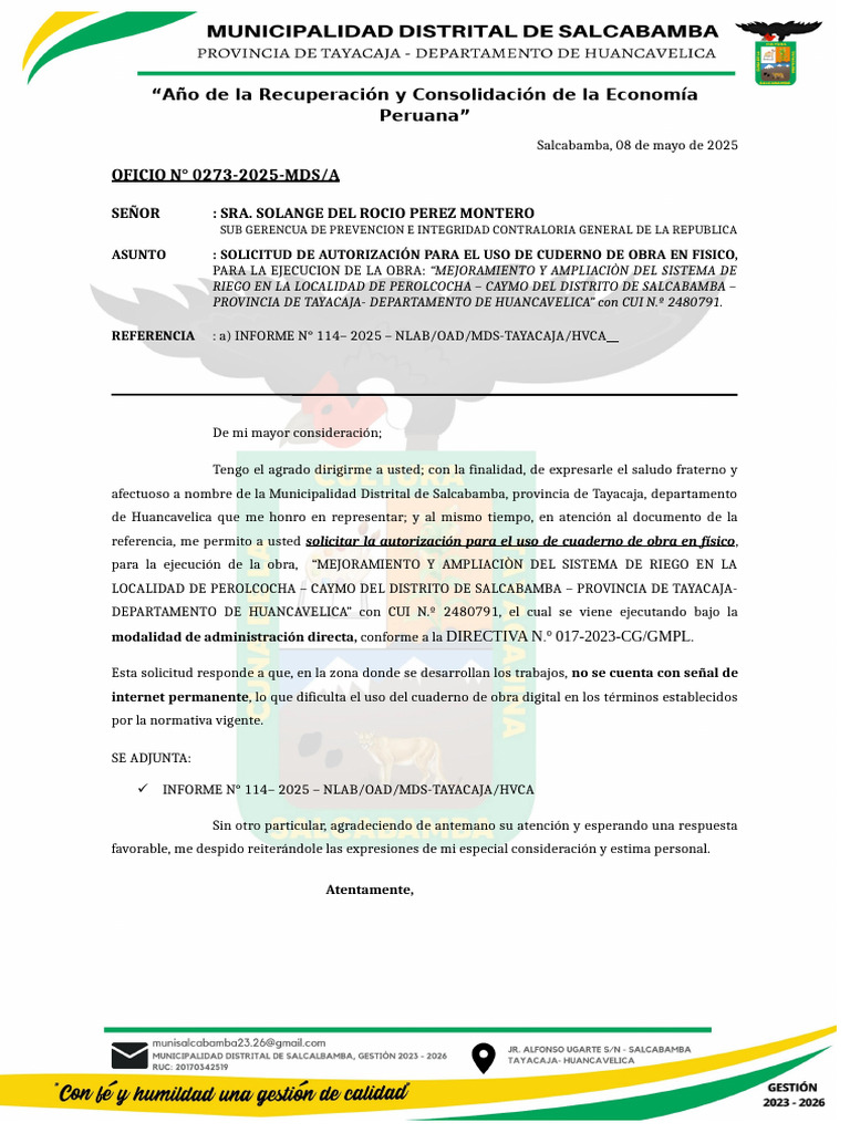 Oficio N°0273-2025 Solicito Uso de Cuaderno de Obra en Fisico Obra Sistema de Riego Perolcocha ...