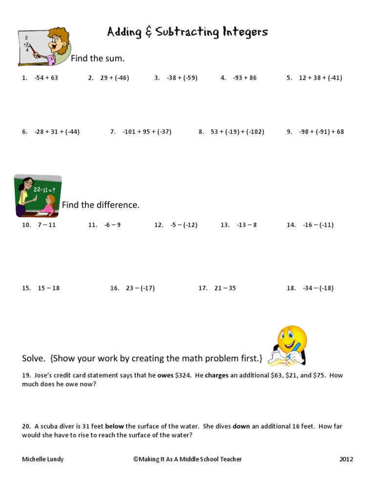 Adding Integers Worksheet And Answers Adding & Subtracting Integers