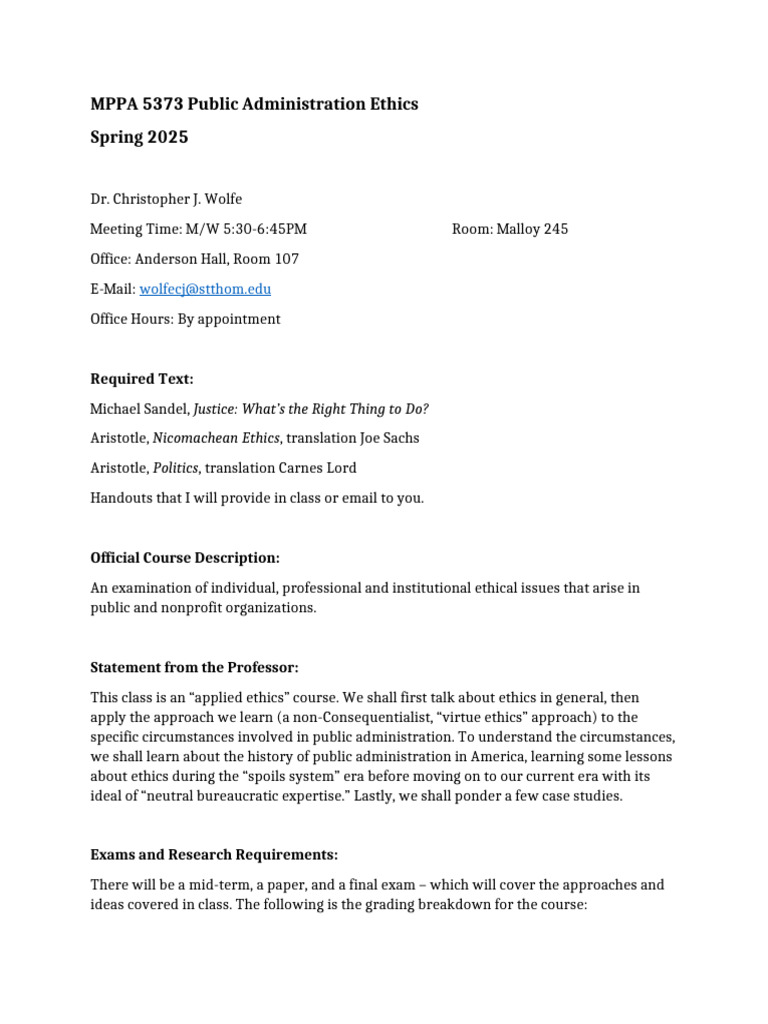MPPA - 5373 - Public Administration Ethics - Spring 2025 - Wolfe | PDF | Academic Dishonesty ...