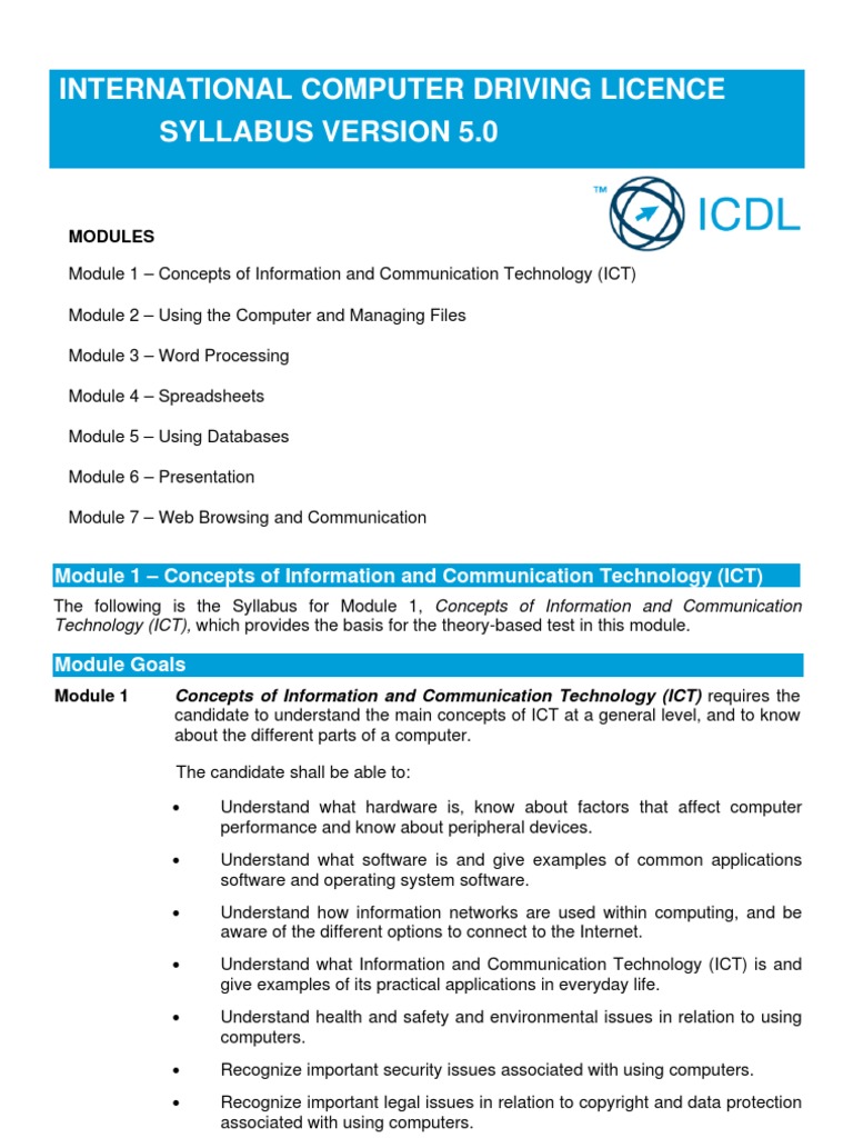 ICDL Syllabus Version 5.0 | PDF | Spreadsheet | World Wide Web