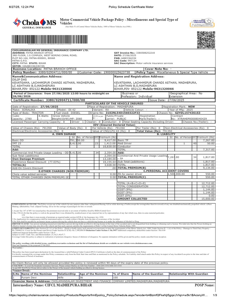 Dilip Das Tractor Insurance | PDF | Insurance | Driver's License