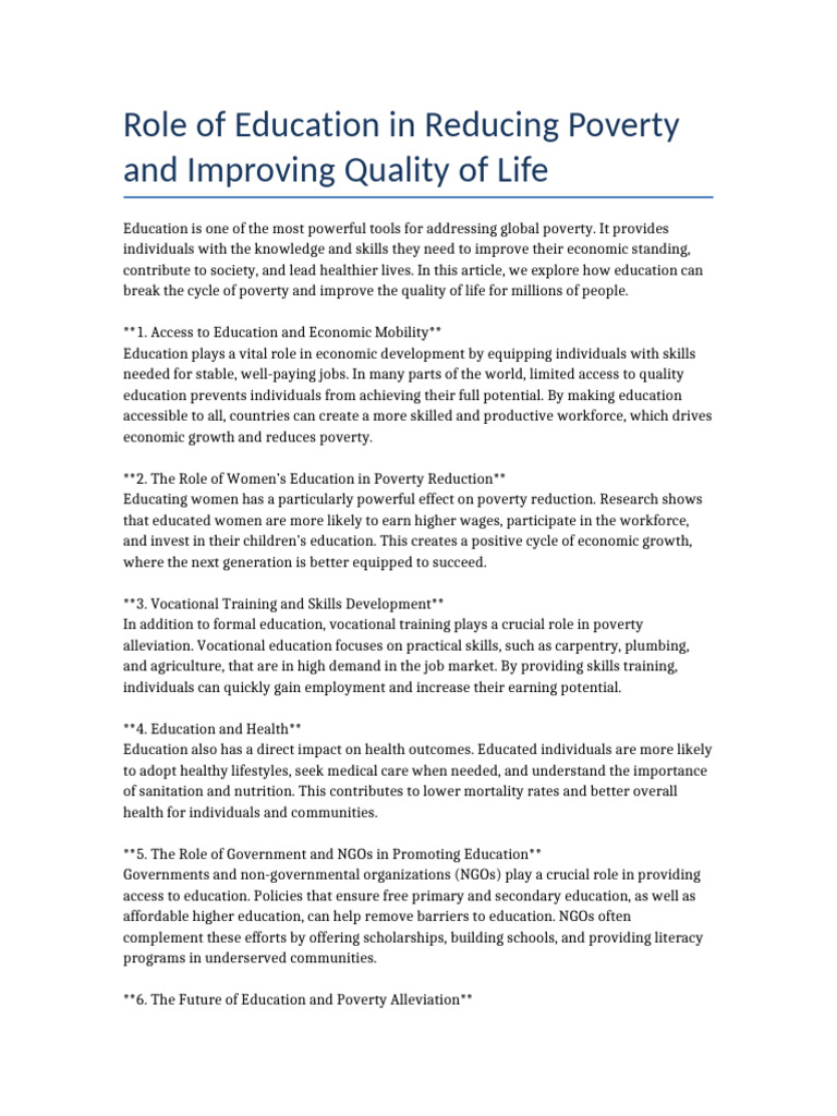 Role of Education in Reducing Poverty and Improving Quality of Life ...