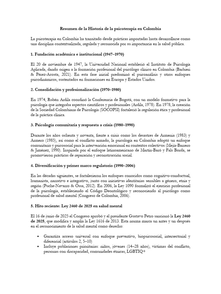Resumen de La Historia de La Psicoterapia en Colombia | PDF | Sicología ...