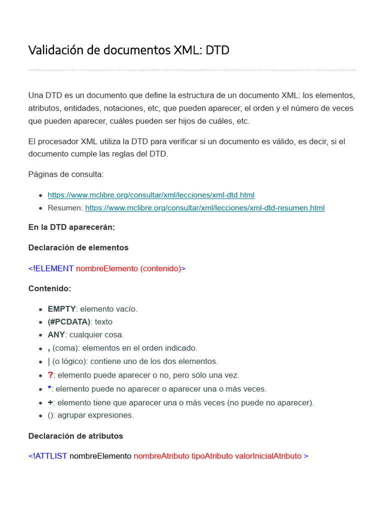 Teoría Ejemplo Definición DTD | PDF | Xml | Estándares del consorcio World Wide Web