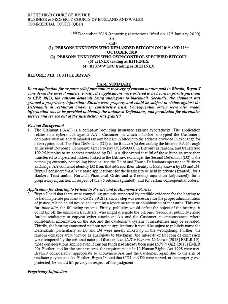 AA V Persons Unknown Summary Case Note SB Amended 1 | PDF | Private Law ...