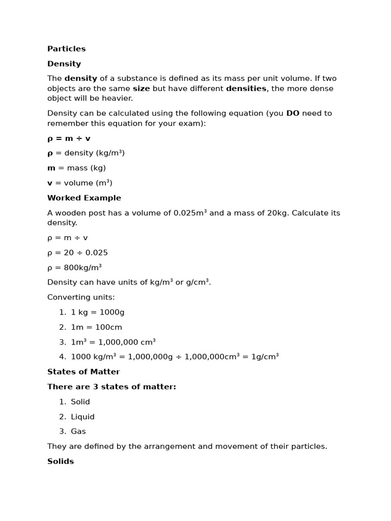 Physics Notes Particle Model of Matter Topic | PDF | Gases | Density