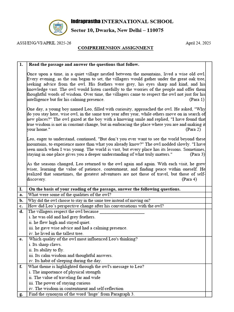 Class 6 English Holidays Homework Assignment 2025 PDF | PDF | Owl | Wisdom