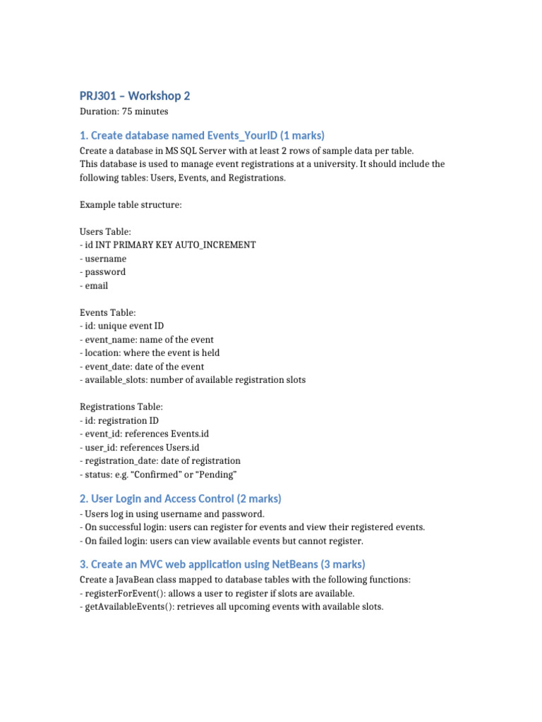 Prj301 - Workshop 2: 1. Create Database Named Events - Yourid (1 Marks) | PDF