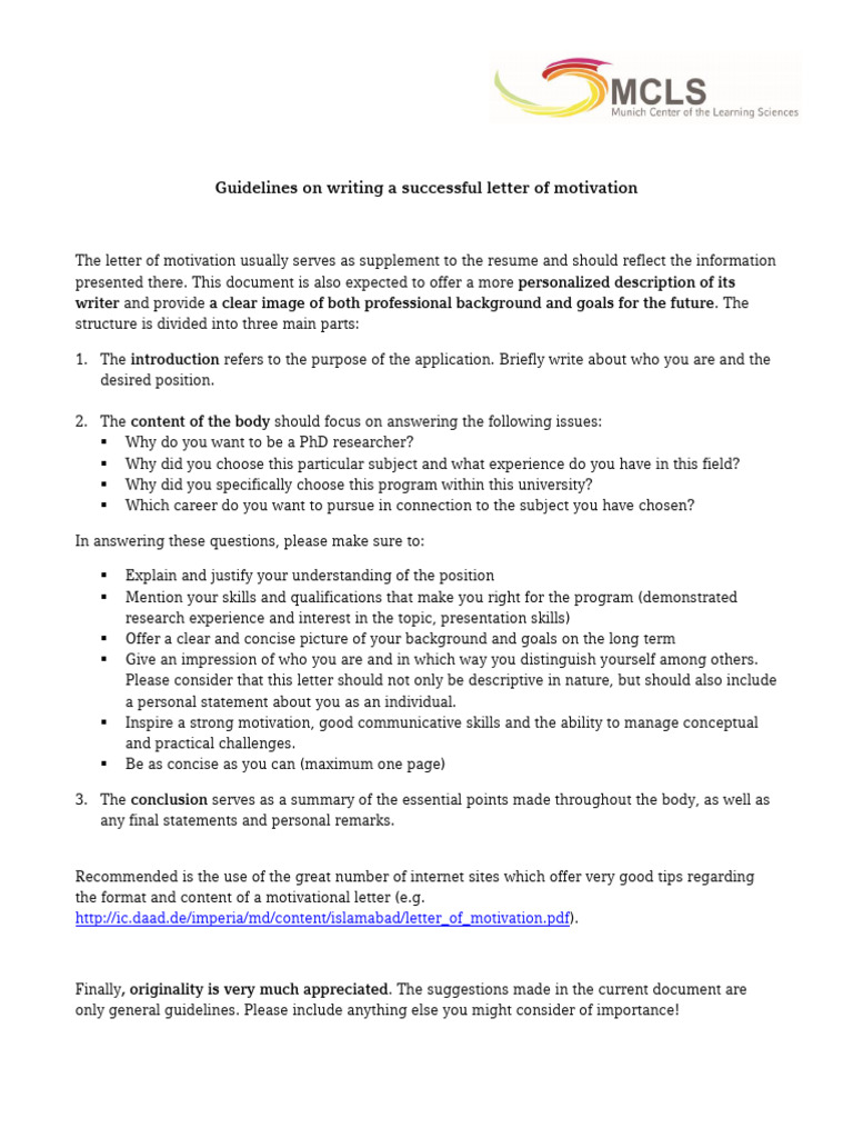 Motivation Letter Guidelines | PDF