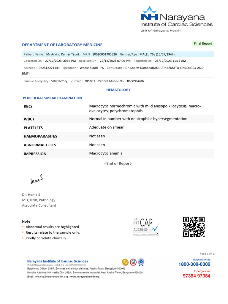 Department of Laboratory Medicine: Hematology Peripheral Smear ...
