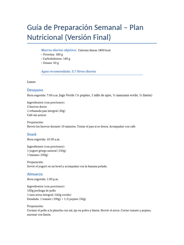 Plan Nutricional Semanal de 1800 kcal | PDF | ensalada | Vegetales