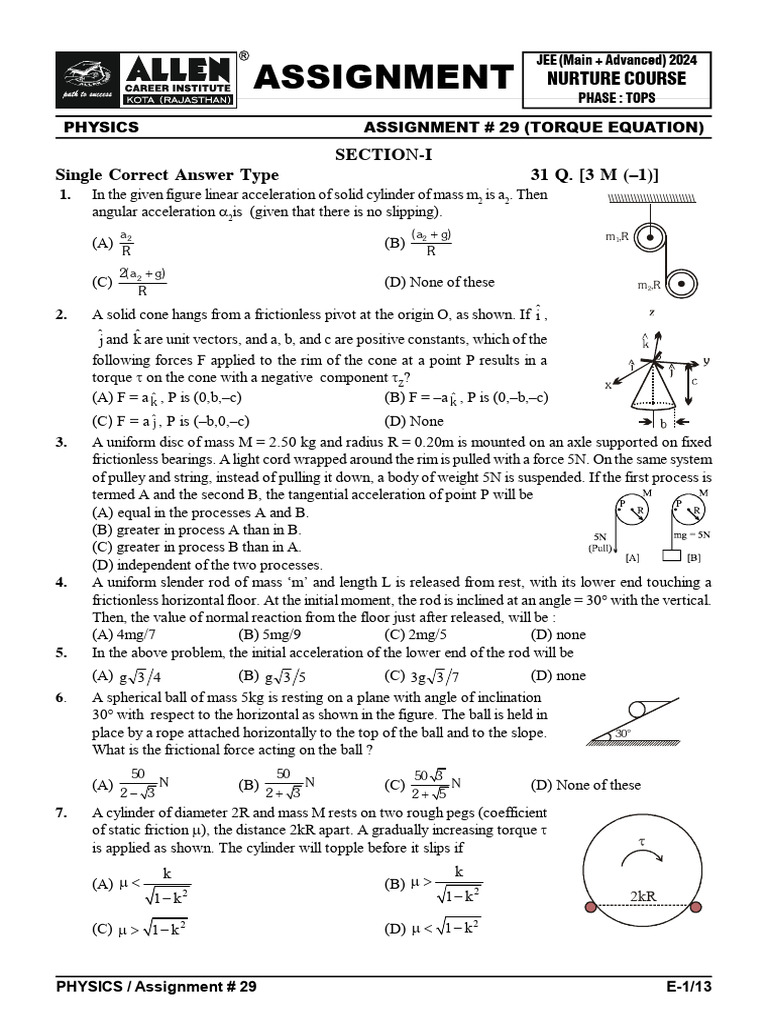29 - Assignment (Torque Equation) | PDF | Rotation Around A Fixed Axis ...