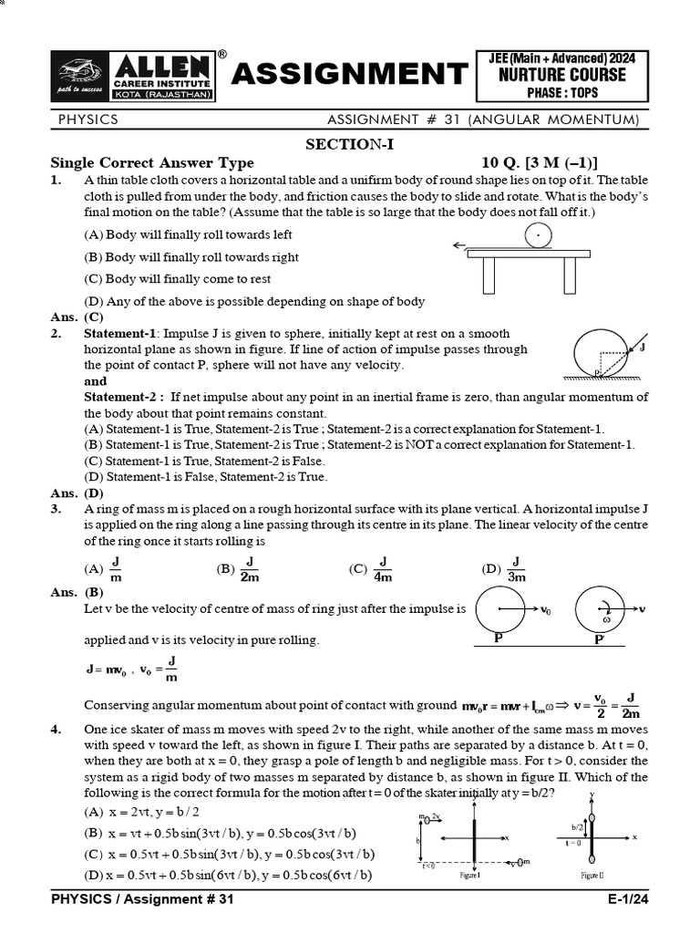 31 - Assignment (Angular Momentum) With Solutions | PDF | Rotation Around A Fixed Axis | Rotation