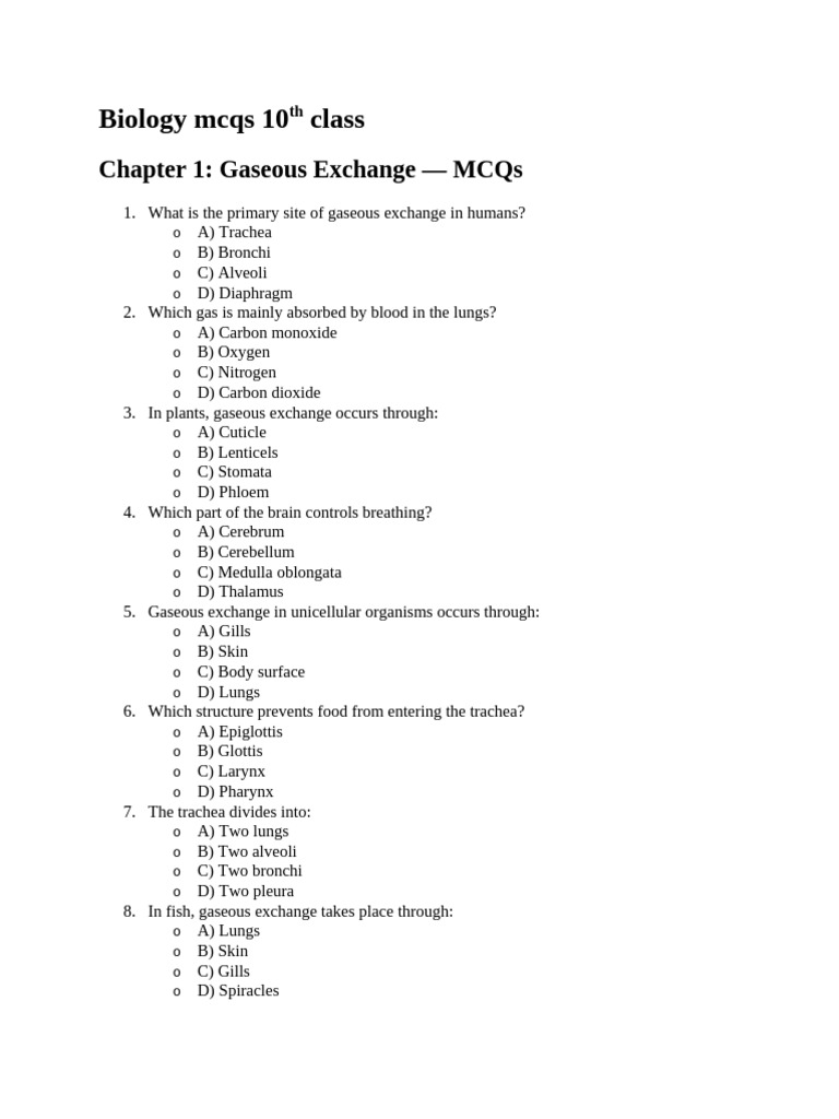 10th Grade Biology MCQs on Exchange & Control | PDF | Dominance ...