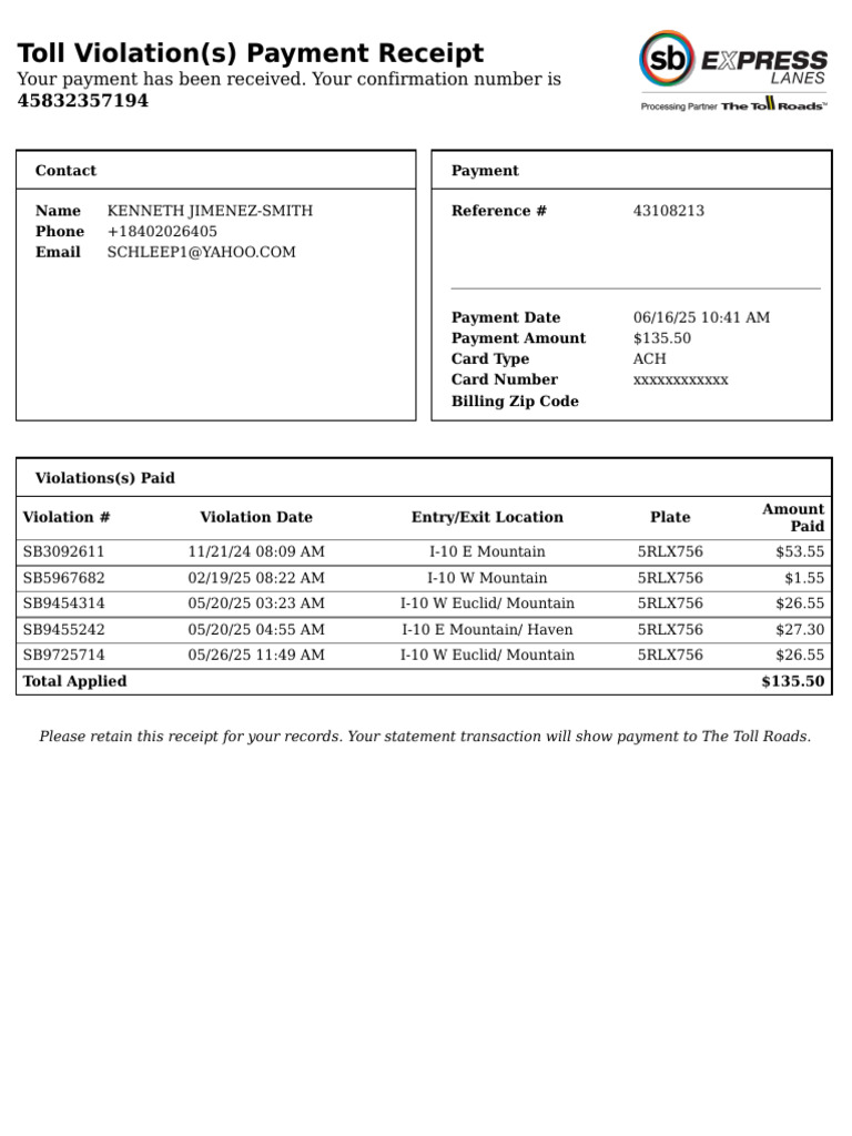 Toll Violation(s) Payment Receipt: Your Payment Has Been Received. Your ...