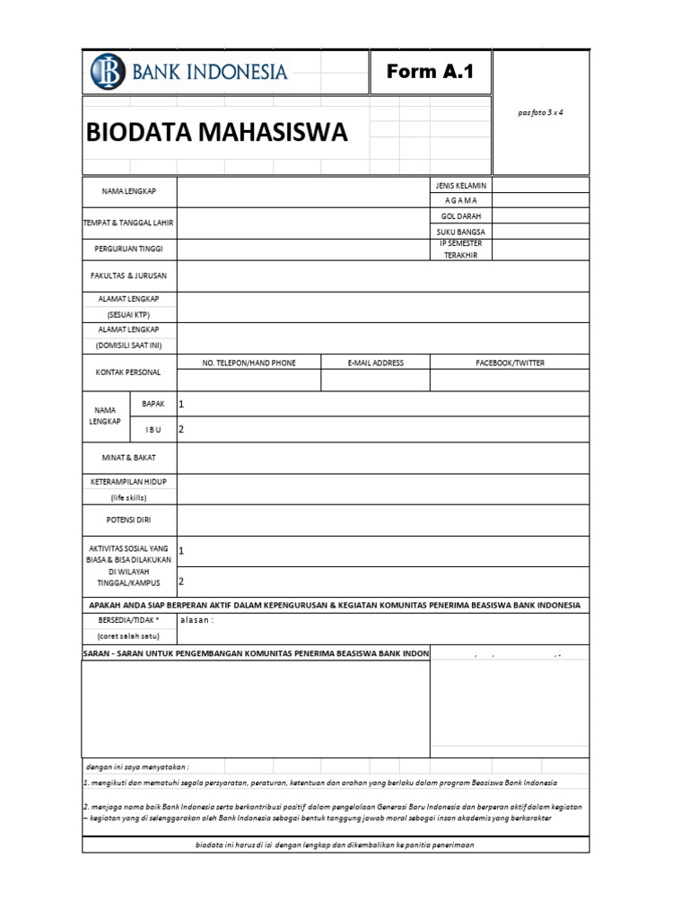 Contoh Formulir Beasiswa Bank Indonesia | PDF