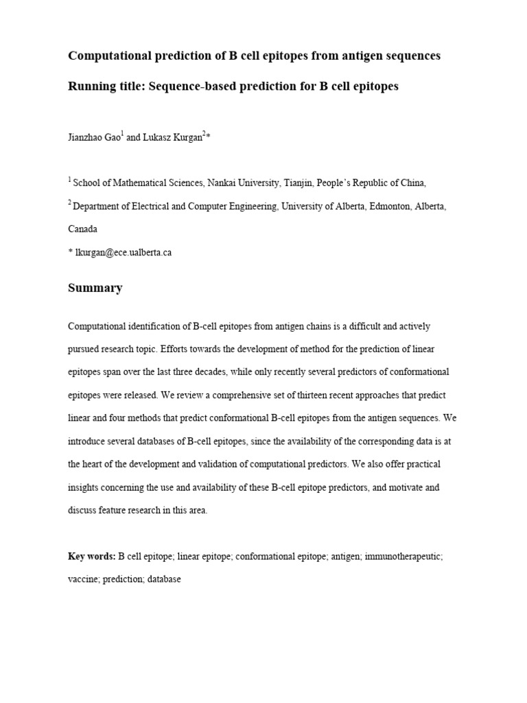 Computational Prediction of B Cell Epitopes From Antigen Sequences ...
