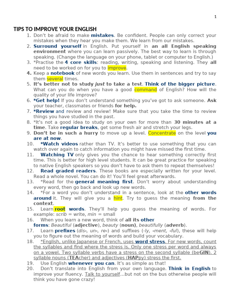 Tips To Improve Your English | PDF | English Language | Word
