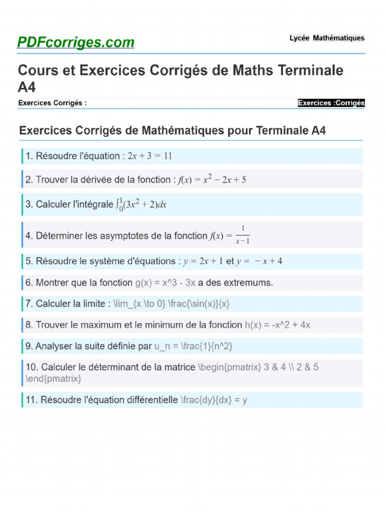 4383 Lycee Exercices Cours Et Exercices Corriges de Maths Terminale A4 | PDF