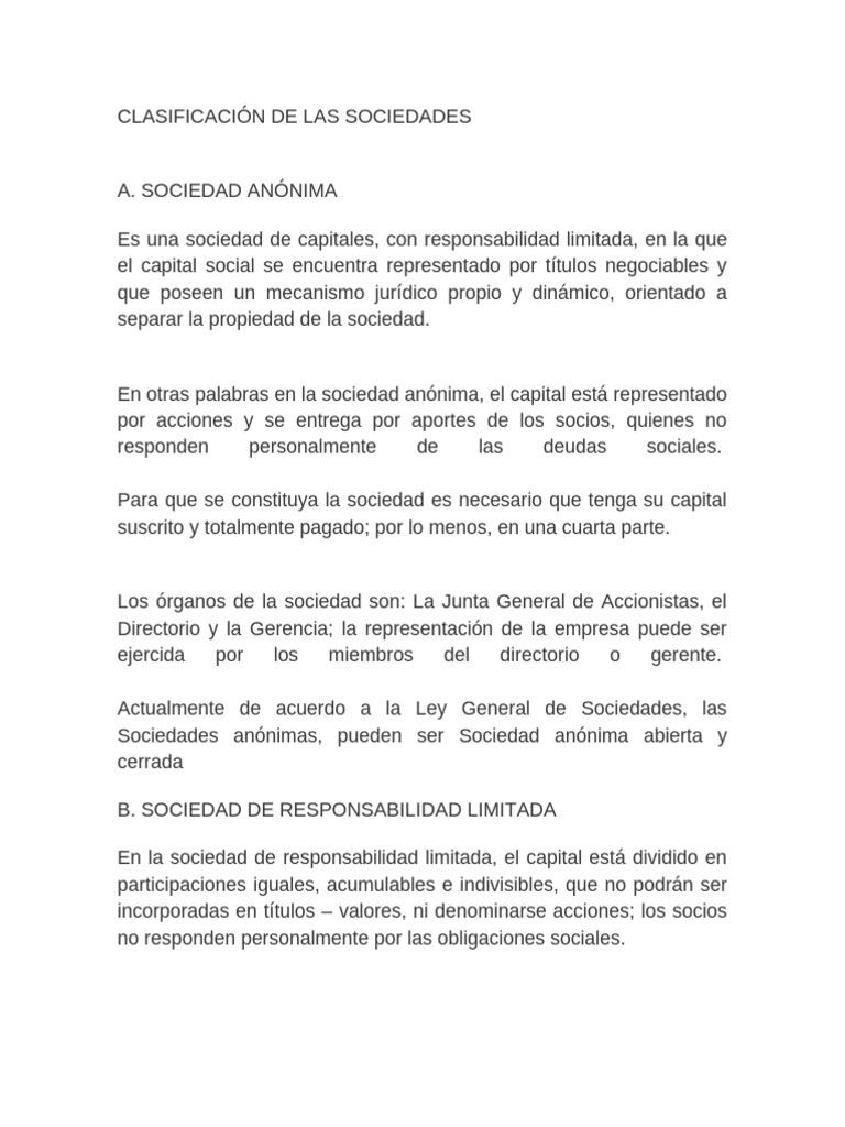 Clasificación de Las Sociedades | PDF | Sociedad de responsabilidad limitada | Camaradería