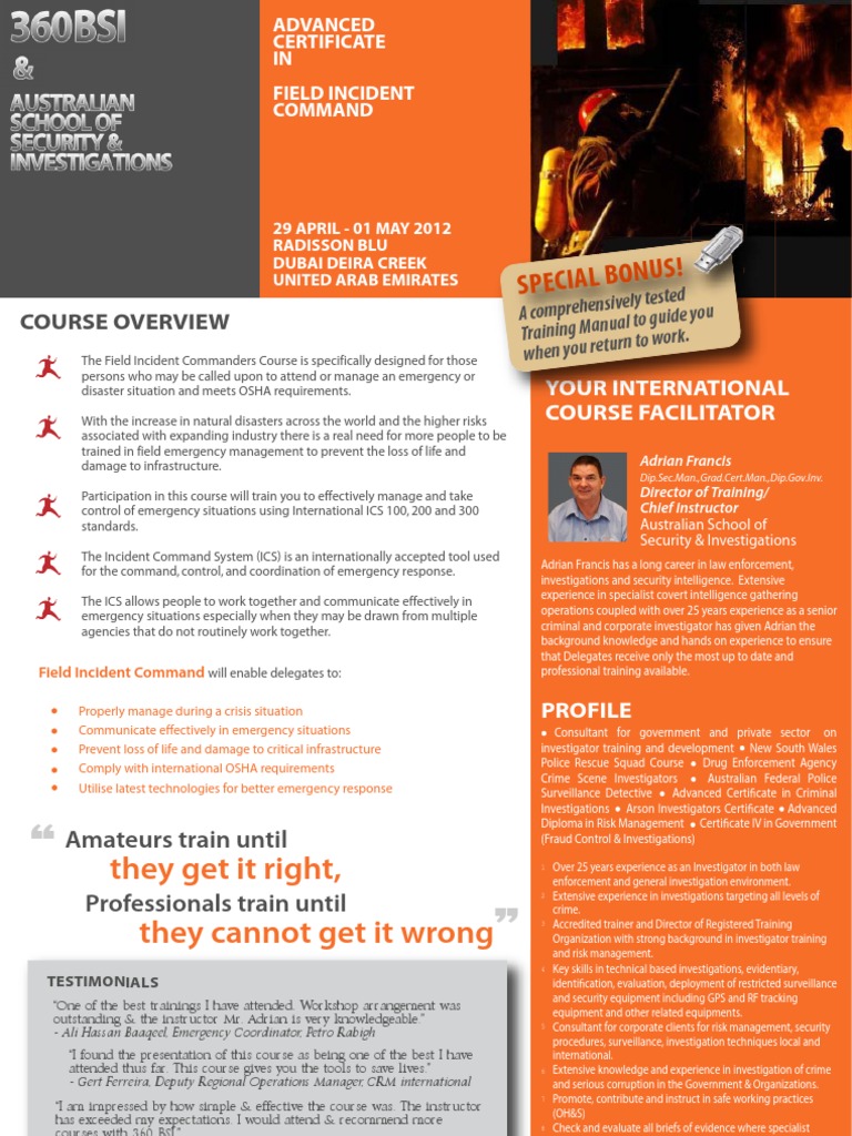 Adv. Certificate in Field Incident Command 29 April - 01 May 2012 Dubai, UAE | PDF | Incident ...