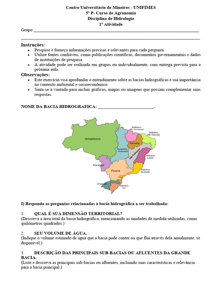 Trabalho Bacias Hidro Brasil | PDF | Bacia hidrográfica | Hidrologia