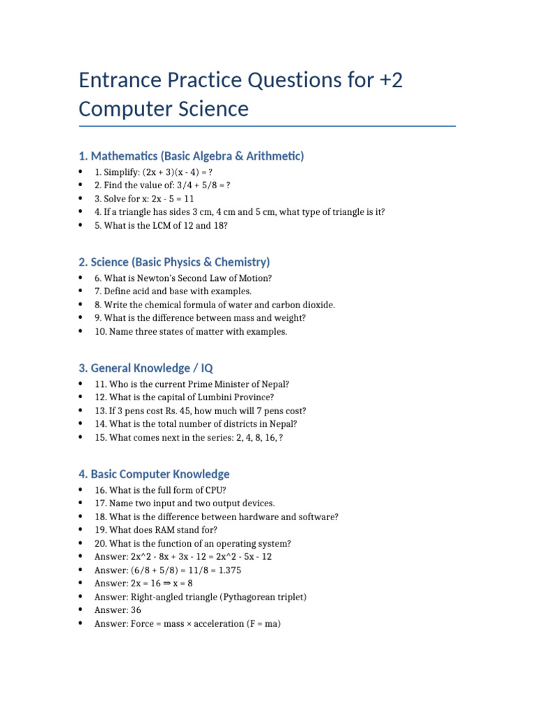 Entrance Practice Questions With Answers | PDF