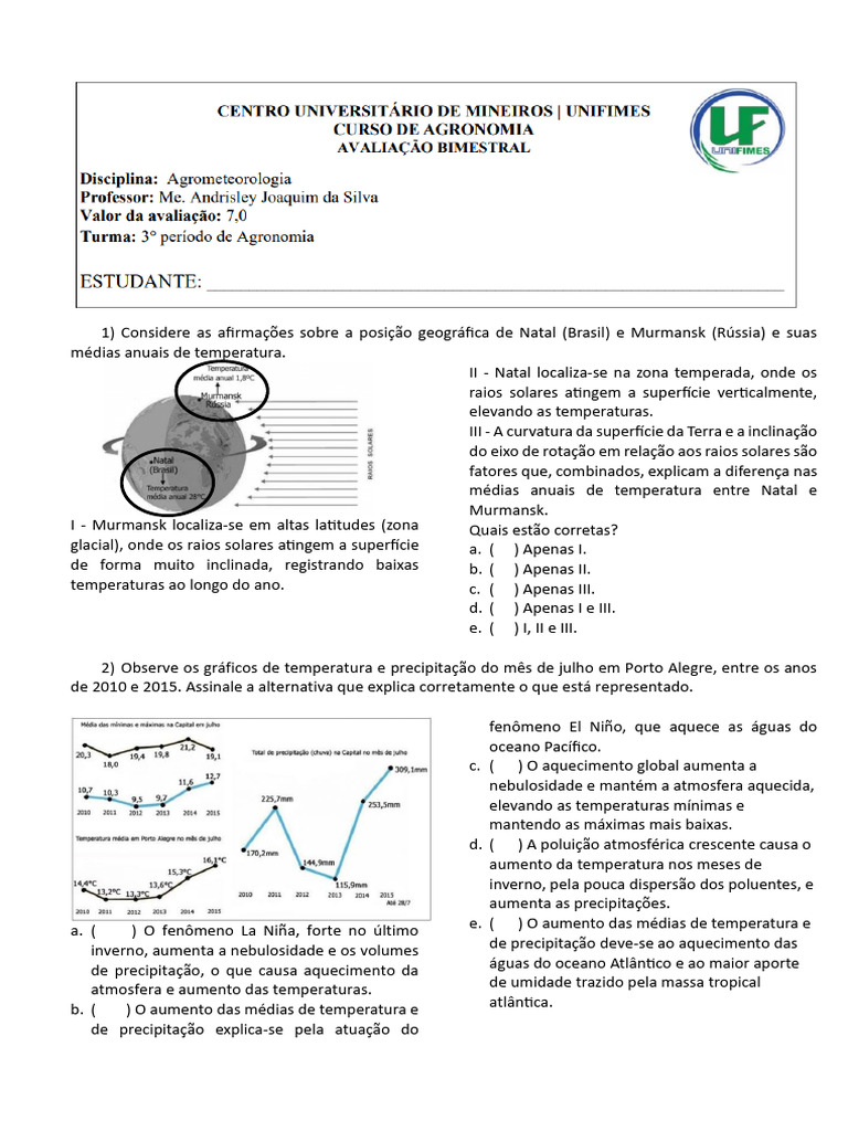 Prova Sub de Agrometeorologia | PDF | Terra | Primavera
