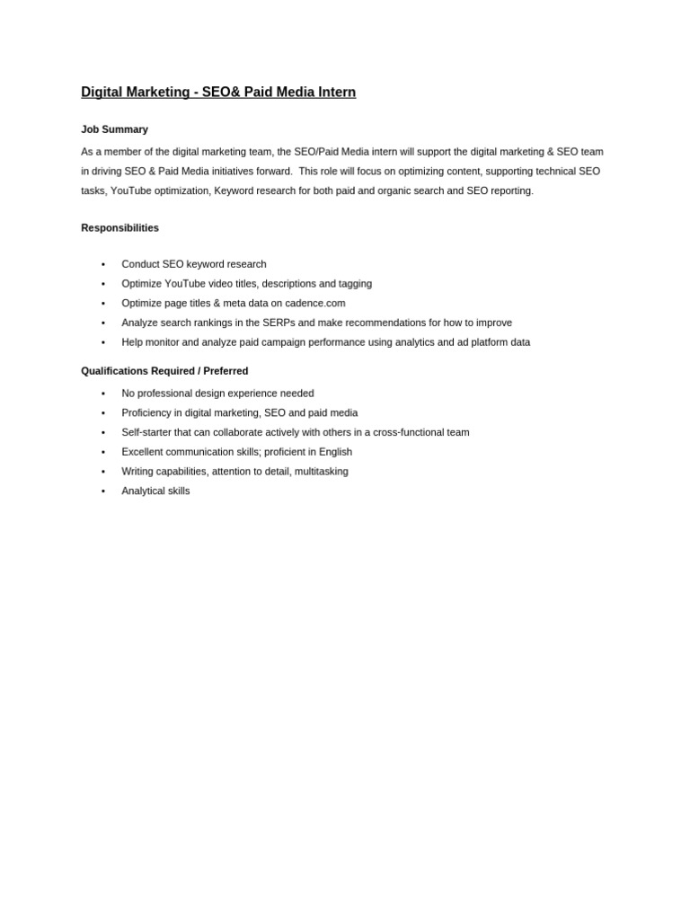 SEO Intern Job Description Cadence | PDF