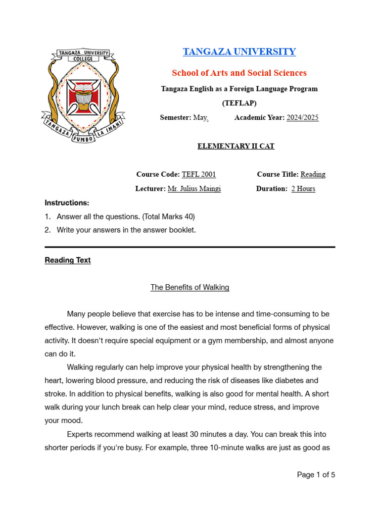Reading Exercise A2 | PDF