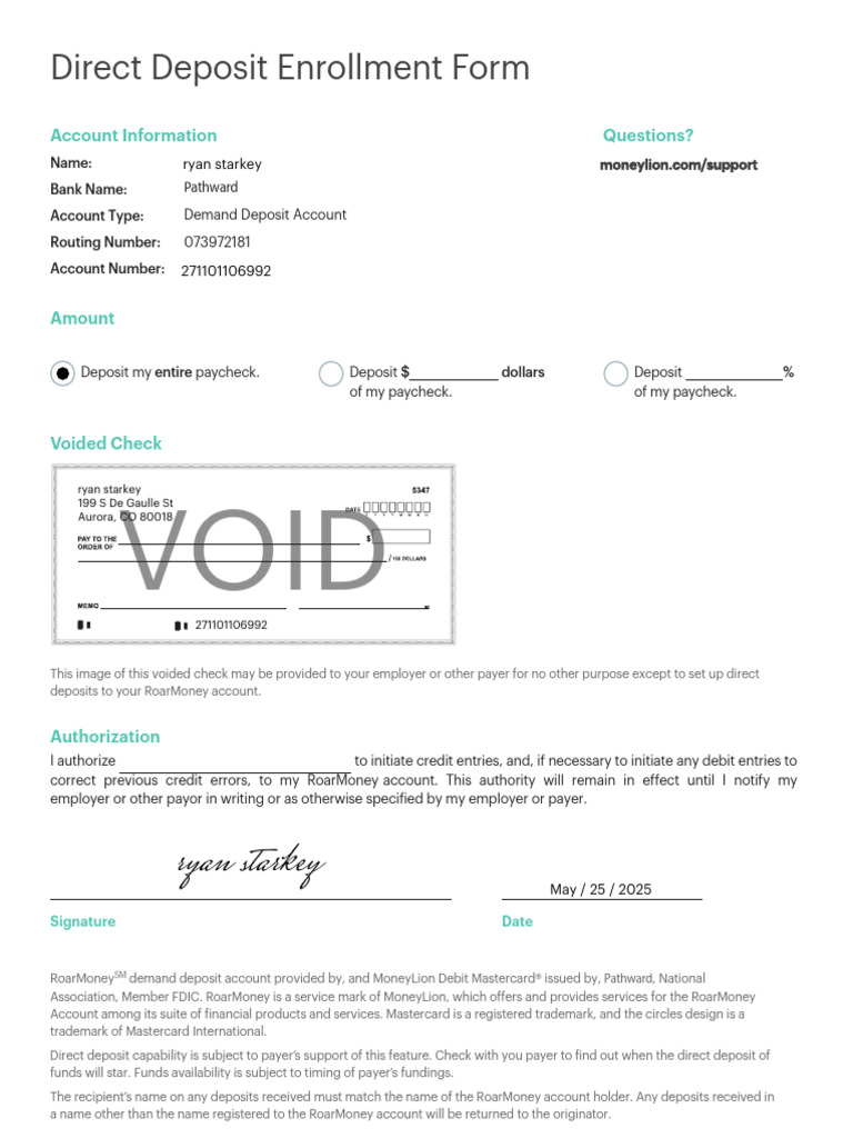 Direct Deposit Enrollment for RoarMoney | PDF