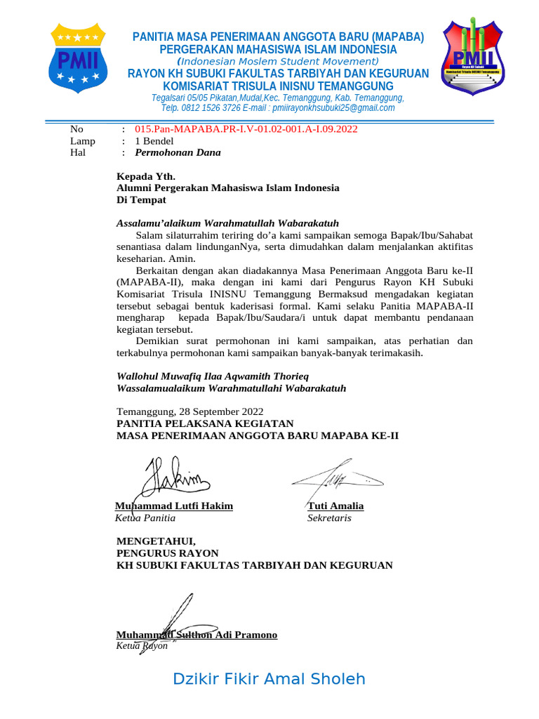 Permohonan Dana MAPABA-II PMII Temanggung | PDF