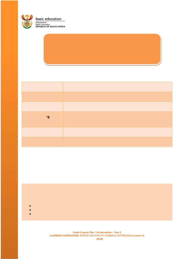 ALGEBRAIC EXPRESSIONS Term 2 Lesson 5 Grade 8 | PDF | Algebra | Lesson Plan