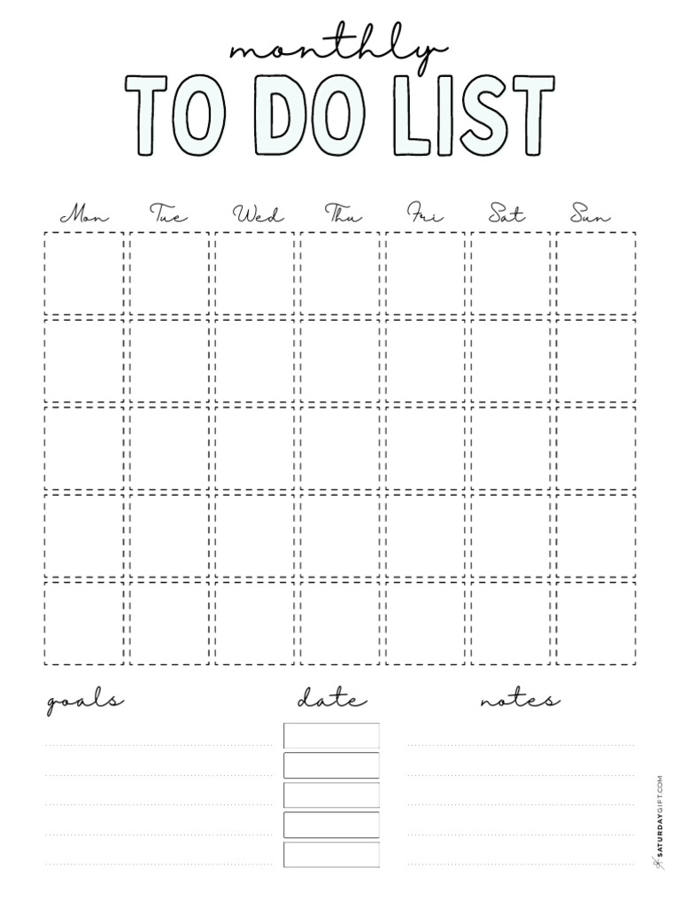 Monthly To List Printable With Goal Dates and Notes SaturdayGift | PDF