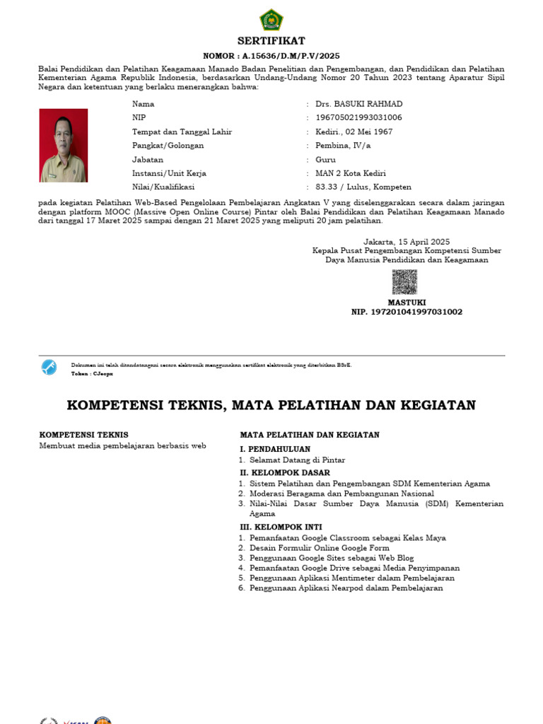 Basuki-Sertifikat Pelatihan Web-Based Pengelolaan Pembelajaran | PDF