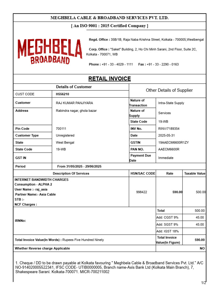 Meghbela Broadband Invoice Details | PDF | Invoice | Payments