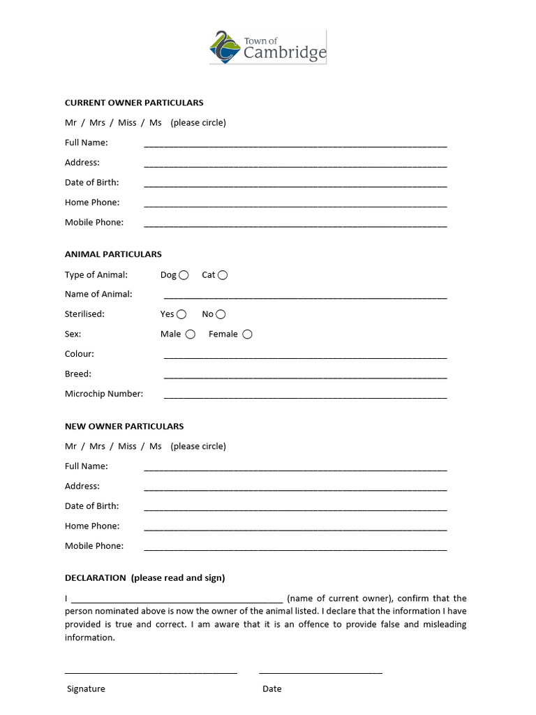Transfer of Ownership Form | PDF