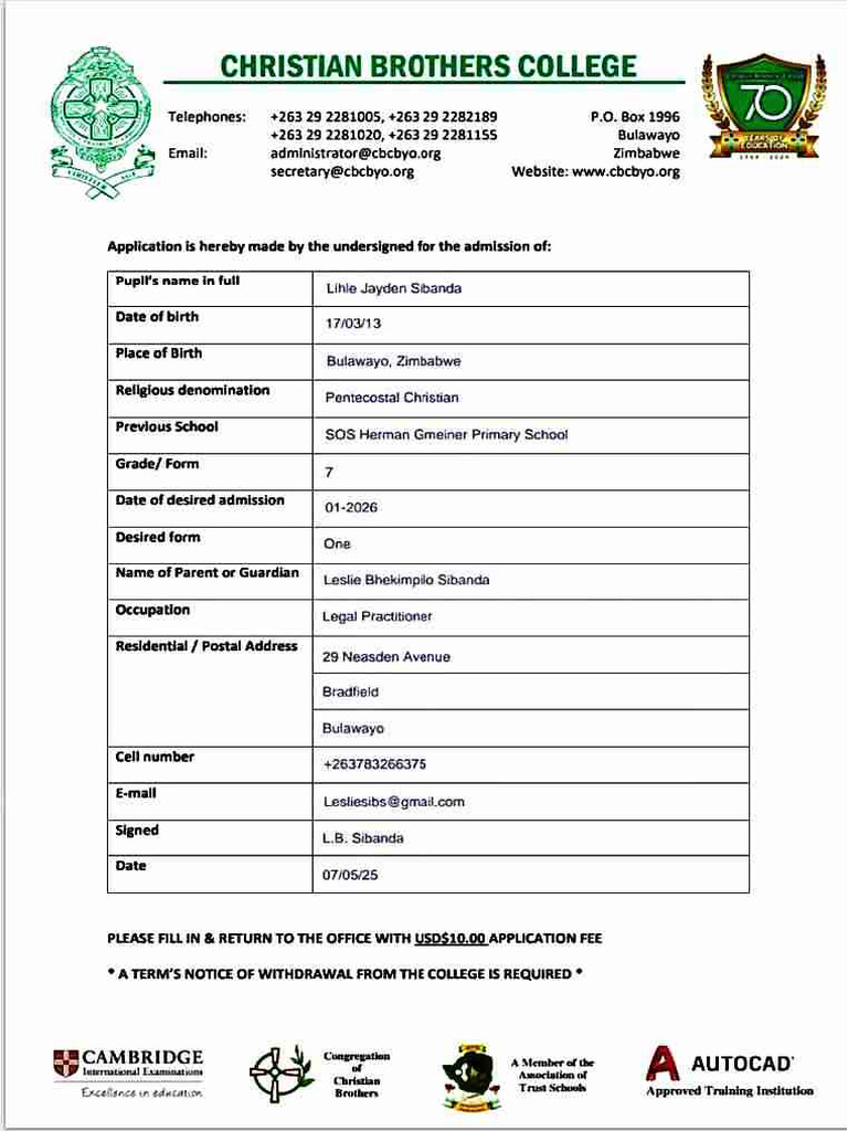 CBC Application Form - L Sibanda | PDF