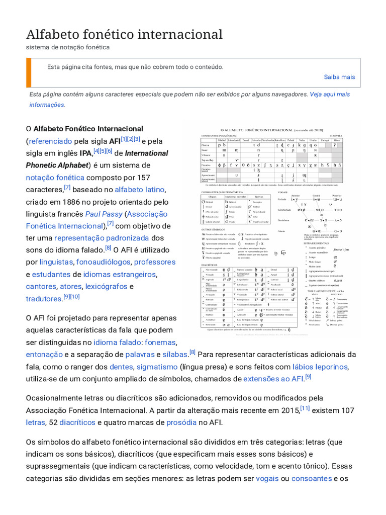 Alfabeto Fonético Internacional - Wikipédia, A Enciclopédia Livre | PDF
