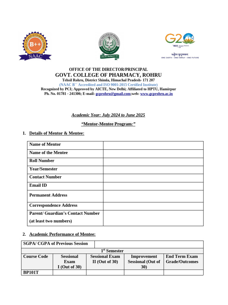 Mentor Mentee Updated Format Fo Academic Year July 2024 To June 2025 ...