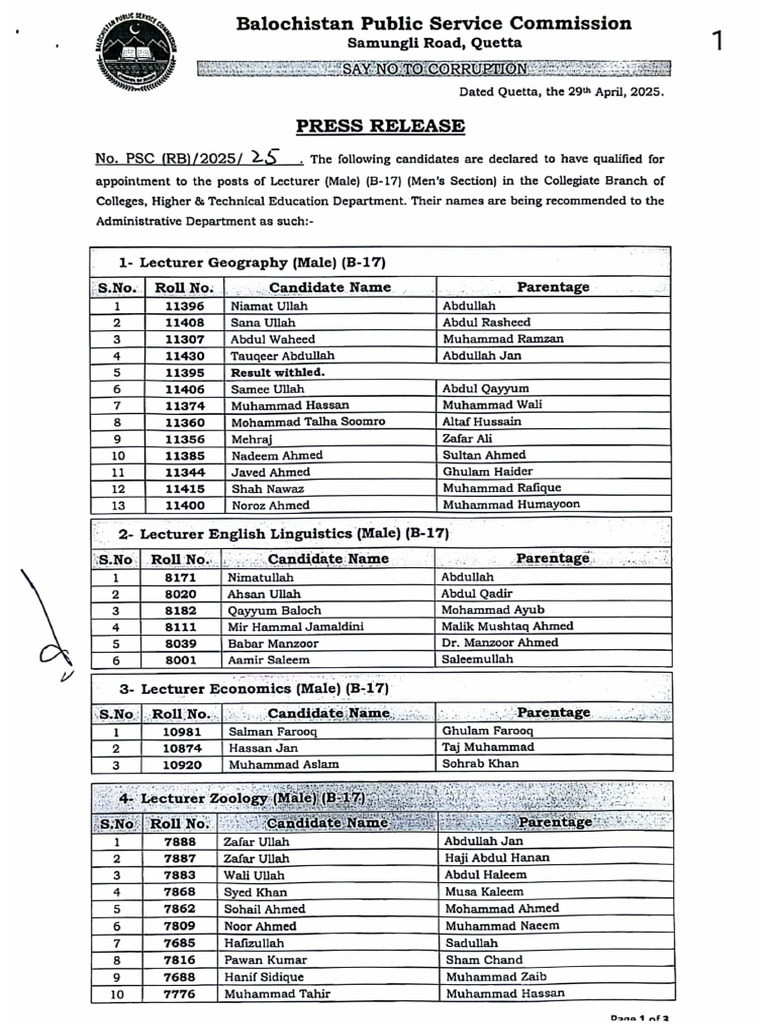 BPSC Final Result Lecturer (Male) | PDF