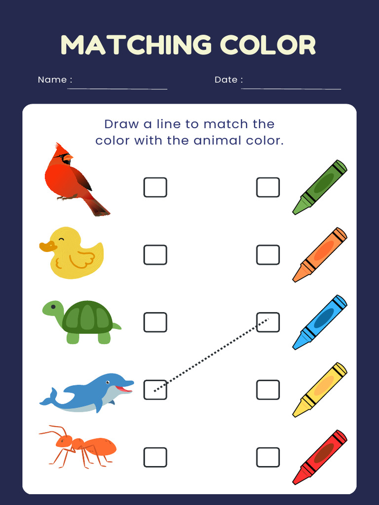 Colorful Simple Illustration Playful Animal Matching Color Worksheet | PDF