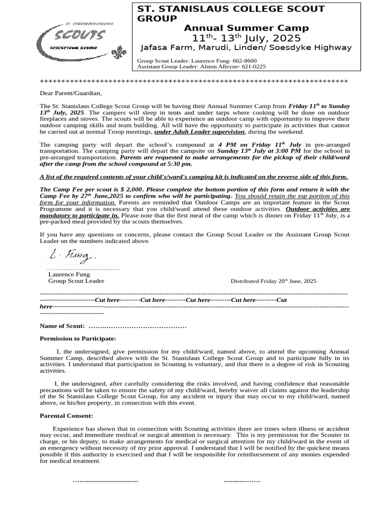 Permission To Camp Form - Summer Camp 2025 | PDF | Camping
