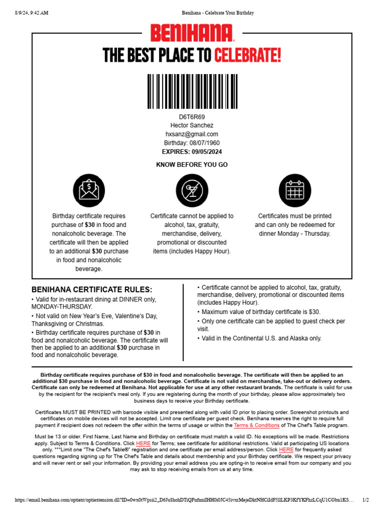 Benihana - Celebrate Your Birthday | PDF