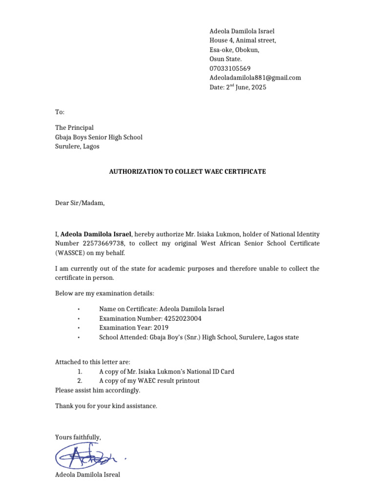 Letter of Authorization WAEC | PDF